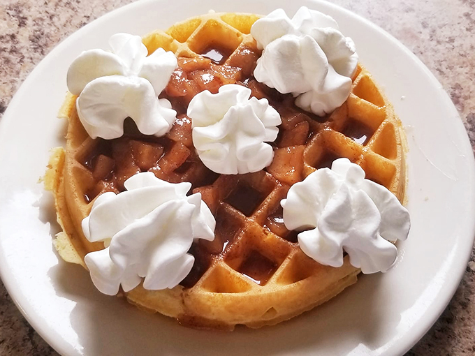 Fall on a plate! This waffle creation is like a warm hug from your favorite orchard, complete with a cinnamon whisper.