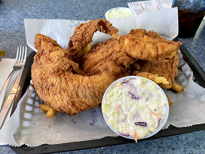 This haddock's golden coating is crunchier than walking through autumn leaves. Pure New England comfort on a plate.