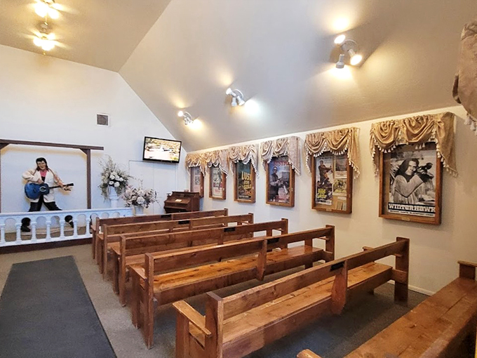 Inside, rustic wooden pews face an altar where Elvis's spirit keeps eternal watch over this unique piece of Arizona history.