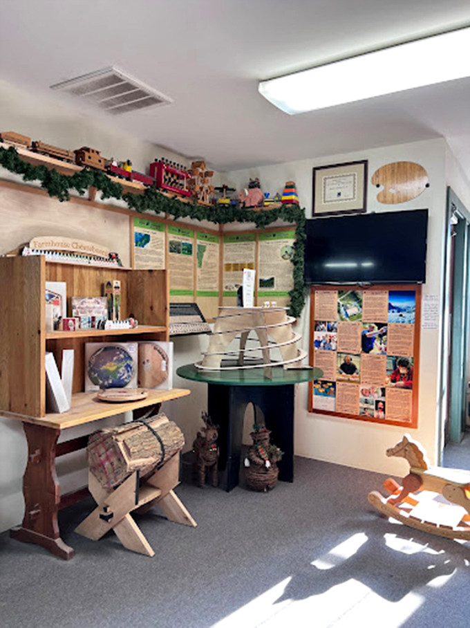 Educational meets enchanting in this corner display, where wooden wonders share space with local history and heritage.