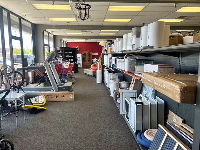 Exercise equipment meets home appliances in this eclectic aisle, proving one person's declutter is another's treasure trove.
