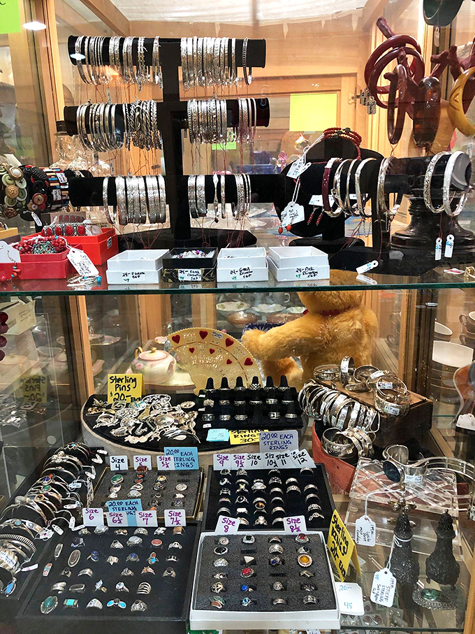Sterling silver stories and gemstone memories await new owners in this glittering display of vintage accessories and baubles.
