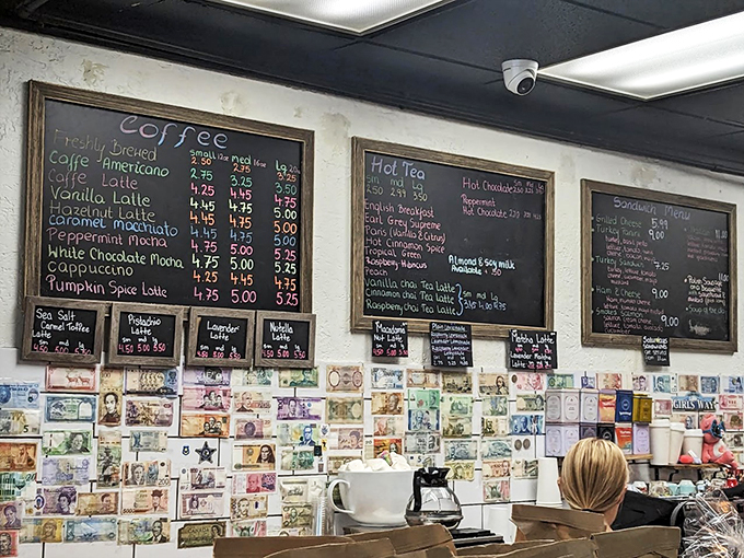 International currency creates an unexpected art gallery behind the coffee bar, where lattes come with a side of worldly charm.