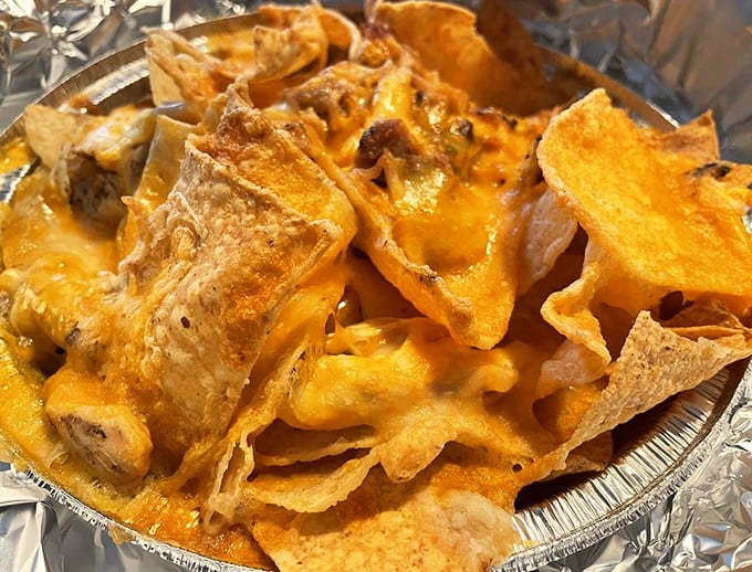 A mountain of melted cheese cascades over crispy tortilla chips - proof that sometimes the best things in life are gloriously messy.