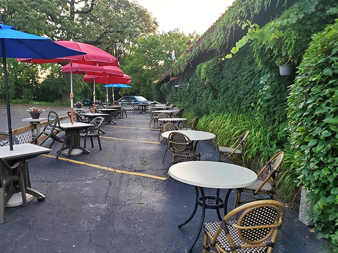 Al fresco dining gets a Mexican twist, with umbrella-shaded tables nestled among lush greenery and climbing vines.