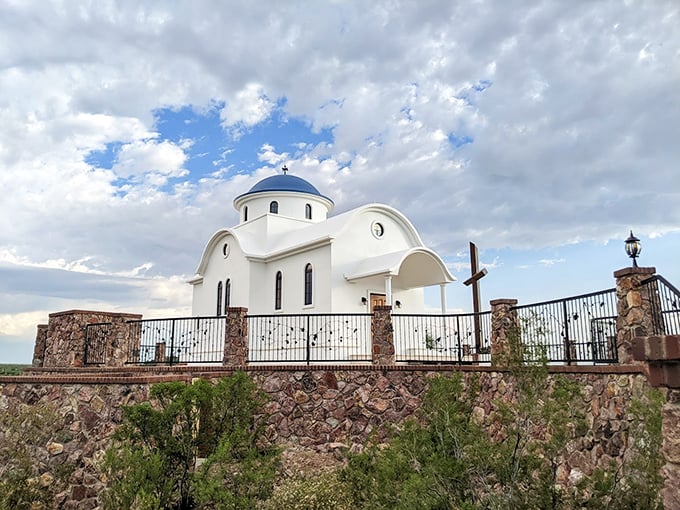 Red brick, white stone, and blue skies &ndash; it's the Greek flag in architectural form, with a dash of Southwest spice.