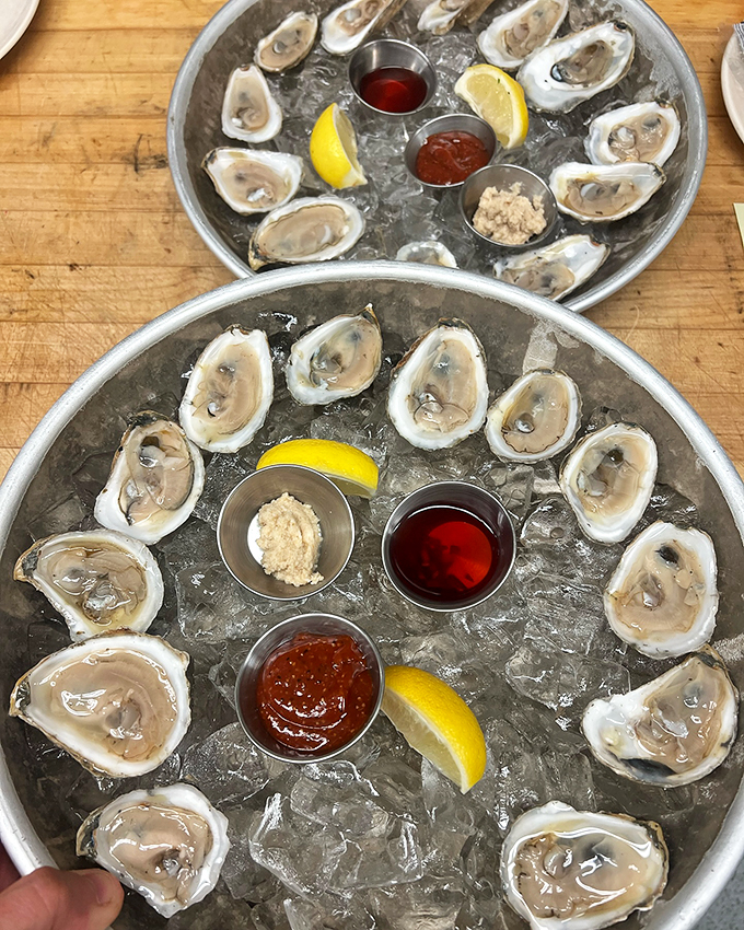 Fresh local oysters on ice, arranged like a pearl necklace with all the classic accompaniments standing ready.