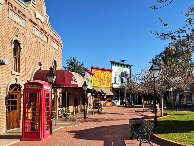 Red brick pathways lead visitors through a perfectly curated Western streetscape, where every detail tells a story.