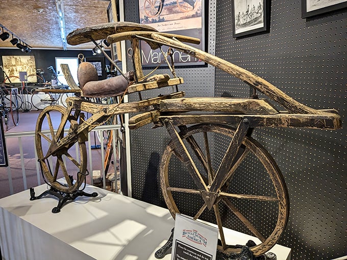The granddaddy of all bikes! This wooden contraption might look like Fred Flintstone's ride, but it's actually the world's first bicycle.