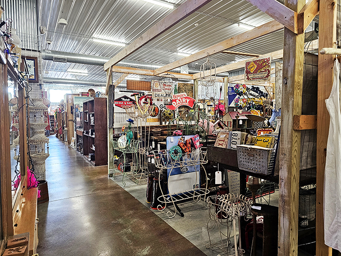 It's like someone bottled up the 20th century and displayed it on shelves. From delicate china to rustic Americana, this booth has it all.