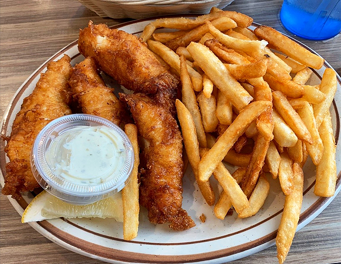 These fish and chips are so golden and crispy, they could make a British pub-goer weep with joy.