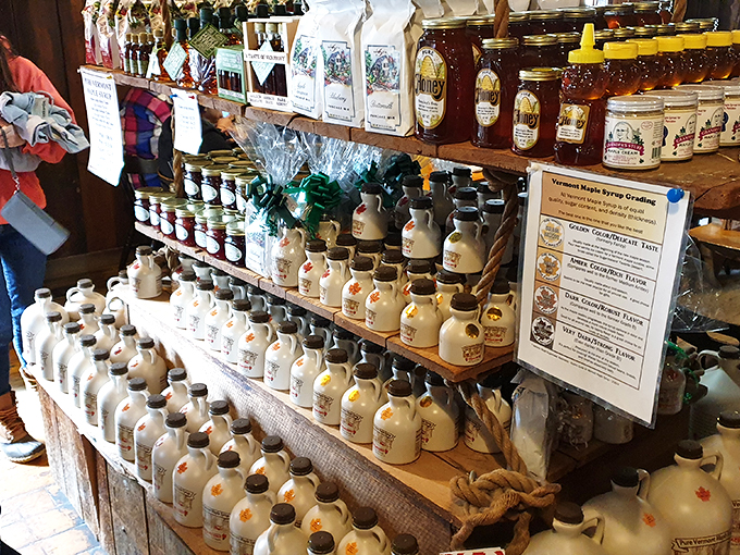 Maple syrup paradise! From jugs to squeeze bottles, this shelf is stocked with enough liquid gold to satisfy even Winnie the Pooh.