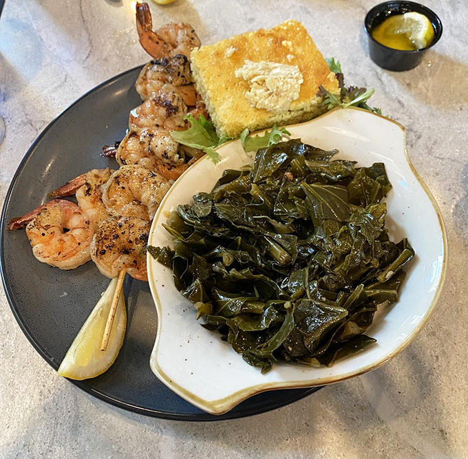 Surf meets turf's leafy cousin! These grilled shrimp and collard greens are a match made in Southern heaven, proving that opposites really do attract. Photo credit: Renee G