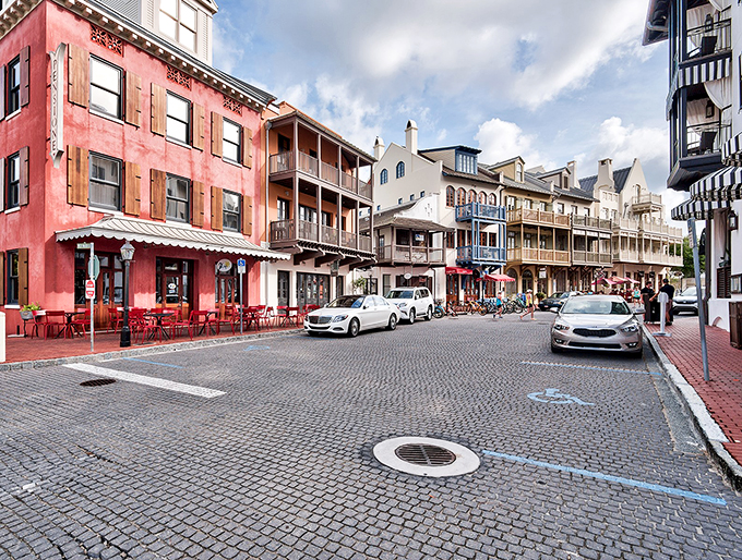 Red brick meets coastal architecture in this street view that could make any postcard jealous of its perfect composition.