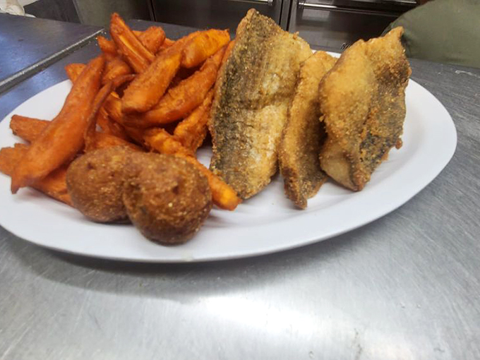 Mullet and sweet potato fries: a Florida twist on fish and chips. It's like the beach decided to become a meal - sandy color included! Photo credit: Alexandrea A.
