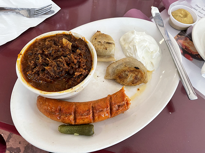 Sauerkraut and sausage and pierogies, oh my! This plate is a Eastern European greatest hits album, served with a side of nostalgia. Photo credit: Aaron Lee