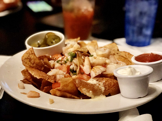 Nachos gone coastal! These shrimp-topped beauties are like a fiesta and a beach party rolled into one crunchy package. Photo credit: Bobby B.