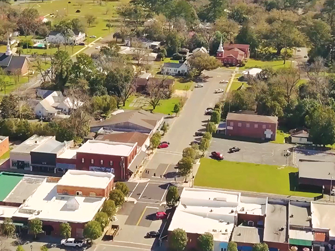 An aerial view reveals the careful planning of this historic district, where every street seems to lead to another postcard moment.