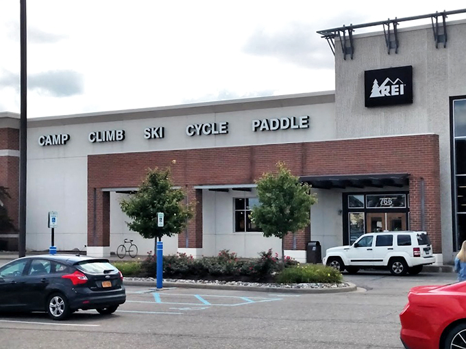 Adventure starts here! REI's modern facade is the launchpad for your next outdoor escapade, no compass required.