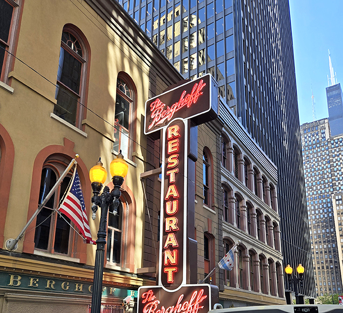A slice of old Chicago, served with a side of schnitzel. The Berghoff's iconic sign has been welcoming hungry patrons since before your great-grandpa was in lederhosen.