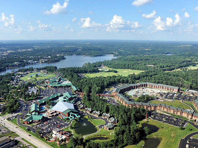 An aerial view reveals the magnificent scale of this aquatic empire, nestled among Wisconsin's pristine forests.
