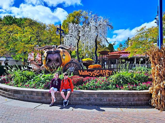 ValleySCARE: Where dreams and nightmares collide! This skeleton's clearly been waiting all year for the "Day of the Dead" roller coaster special.