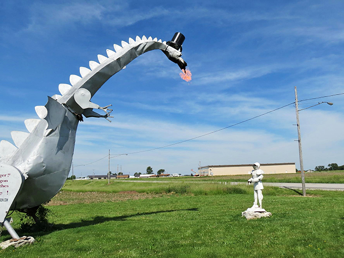 Fire-breathing fun in Vandalia! This dapper dragon proves that even mythical beasts can rock a top hat with style.