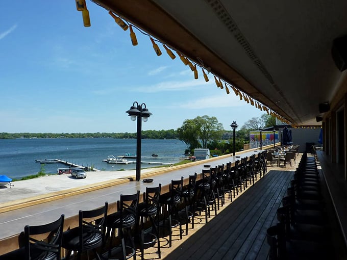 Nature's big screen TV! At Docks, every seat is the best seat in the house for lake-watching and burger-munching. Photo credit: Dennis H.