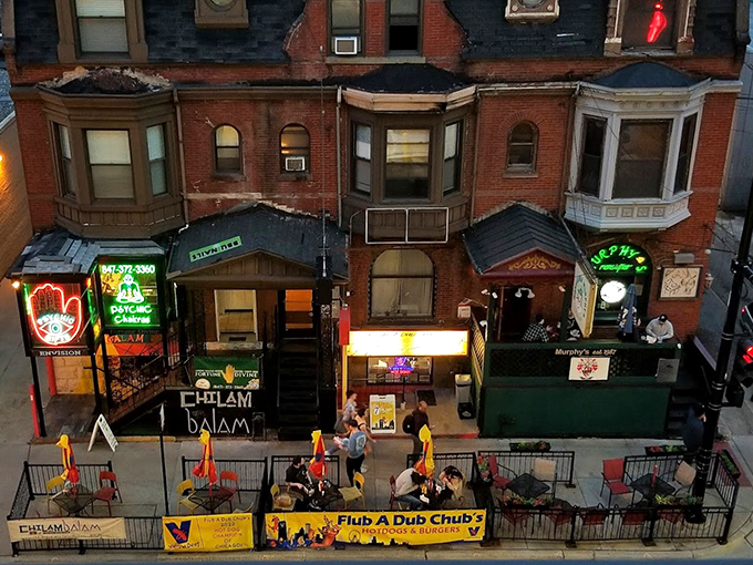 Hot dogs by day, crystal ball readings by night? Flub A Dub Chub's eclectic neighbors add extra spice to this already zesty experience.