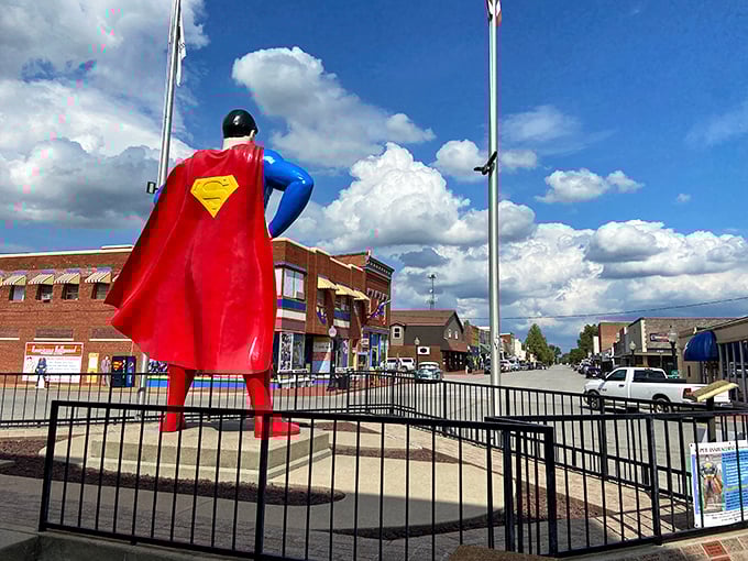 Kryptonite-free zone! Metropolis' Man of Steel stands tall, probably wondering where he parked the Fortress of Solitude.