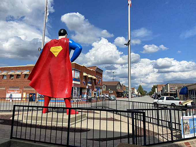 Kryptonite-free zone! Metropolis' Man of Steel stands tall, probably wondering where he parked the Fortress of Solitude.