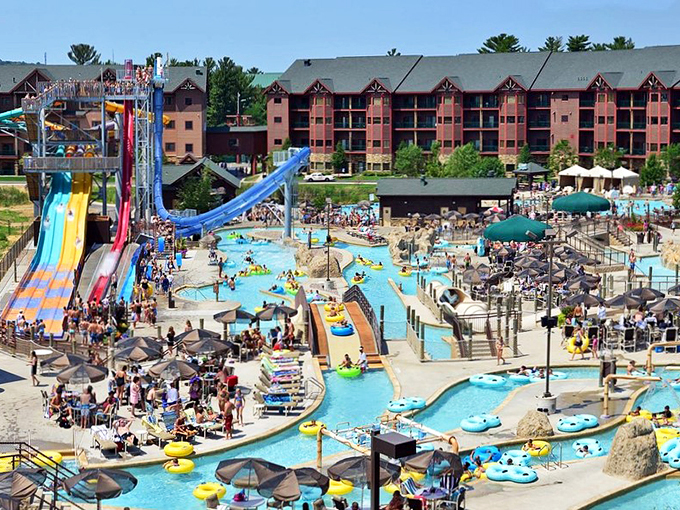 Waterfall features and lush landscaping transform this corner of the Dells into a tropical oasis.