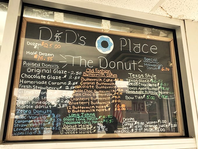 The chalkboard menu reads like poetry for donut lovers, with prices that will make your wallet as happy as your taste buds.