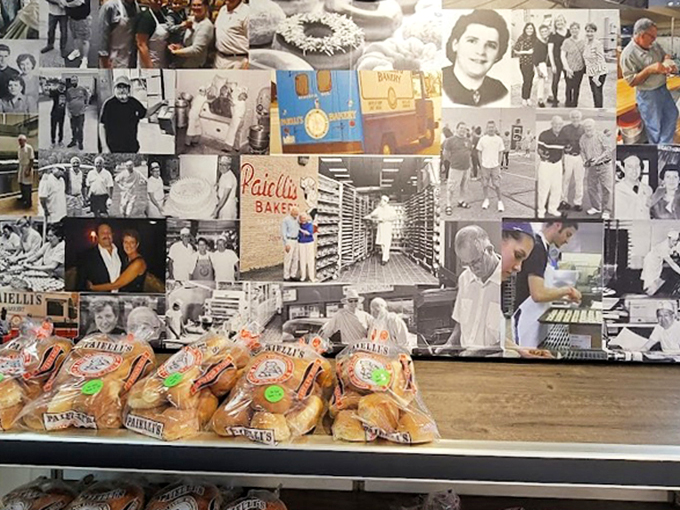A wall of memories sweeter than any pastry. Paielli's history unfolds in black and white, sprinkled with colorful kringle packages.