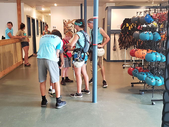 Welcome to Take Flight's VIP lounge, where the dress code is helmets and harnesses, and the entertainment is watching newbies try to walk in their new gear.