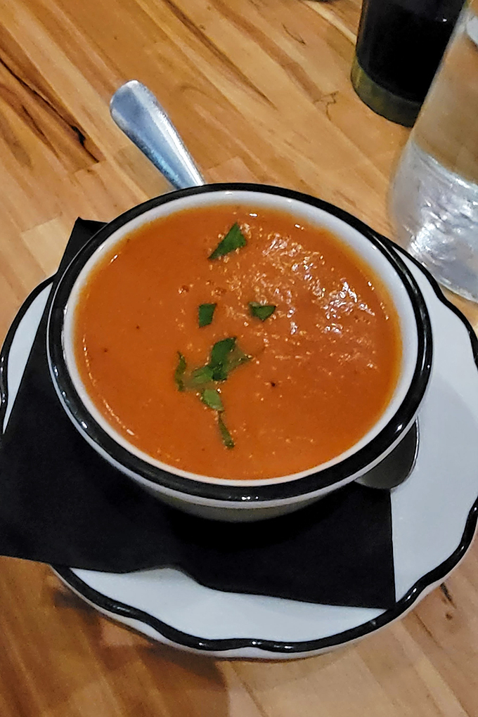 A bowl of tomato soup that glows like a Maine sunset, garnished with fresh herbs and endless possibility.