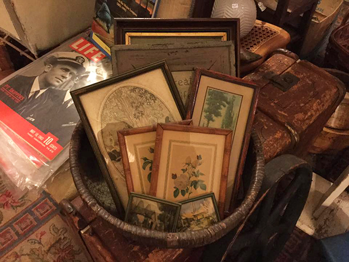 Botanical prints and vintage photographs nestle together in a weathered basket, like a time capsule of forgotten aesthetics.
