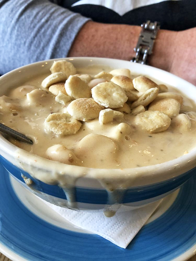 This isn't just chowder&mdash;it's a bowl of creamy happiness topped with a flotilla of crispy crackers.