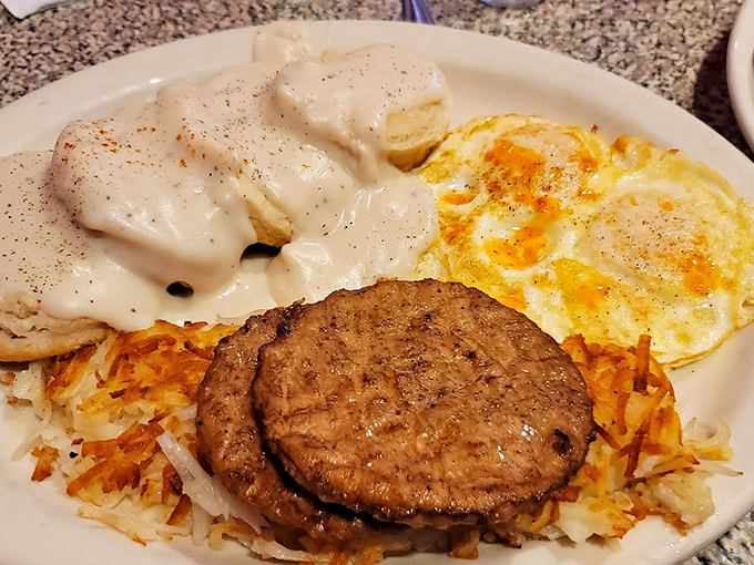 A breakfast plate that would make John Wayne proud - complete with eggs, hash browns, and country gravy that means business. Photo credit: Cali Elizardo