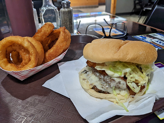 The classic combo gets a Maine makeover - a juicy burger and rings so perfect they could be jewelry.