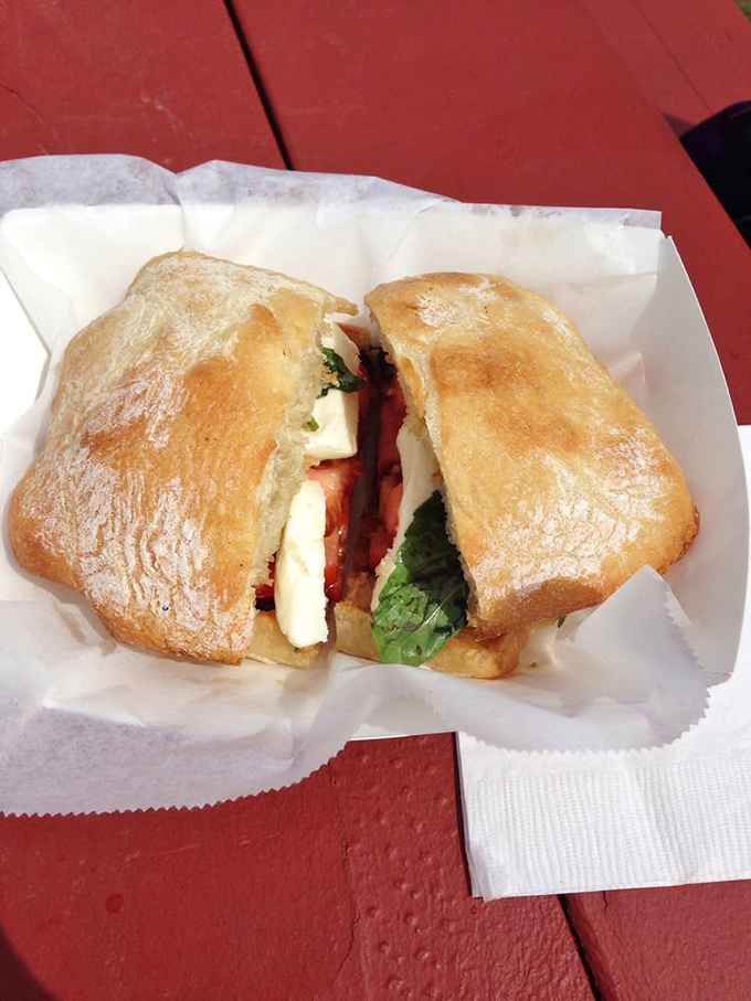 Fresh mozzarella, tomatoes, and basil on ciabatta&mdash;proof that Italy and Maine can share the same picnic table beautifully. Photo credit: Sandra C.