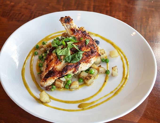 Expertly grilled chicken takes center stage, surrounded by an artistic swirl of sauce that would make any food photographer smile.