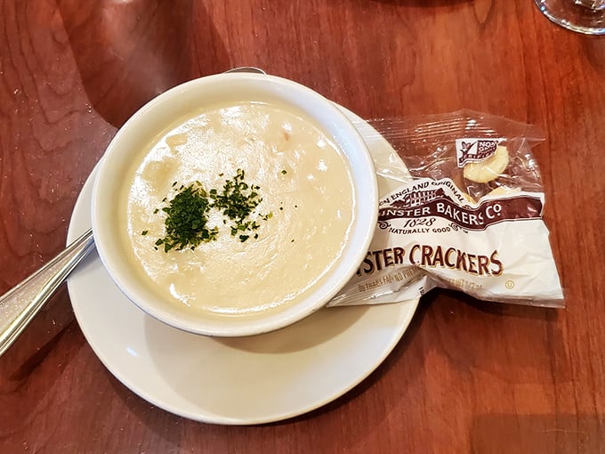 A bowl of classic New England clam chowder that's thicker than a Stephen King novel and twice as satisfying. Photo credit: Andrew Masters