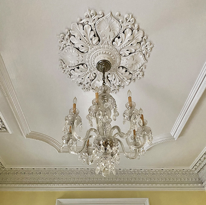 Look up! The ceiling medallion and crystal chandelier showcase craftsmanship so exquisite it makes modern contractors break into a cold sweat.
