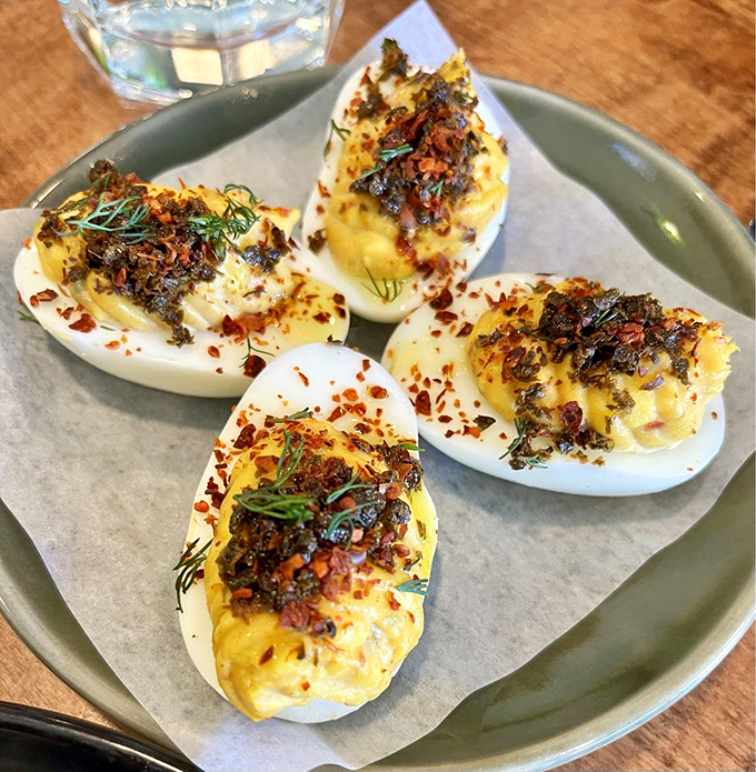 These aren't your grandmother's deviled eggs - they're dressed up with herbs and spices for a modern twist.