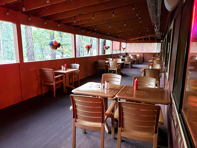 Dine with a view! This outdoor seating area lets you commune with nature while stuffing your face. Win-win!