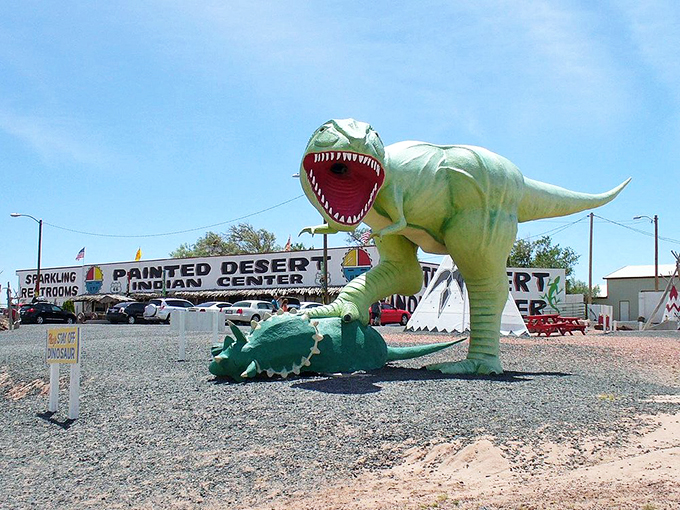 T-Rex meets Route 66! This larger-than-life dino might just be the most photographed resident in Holbrook. Say cheese! Photo credit: RCMoeur