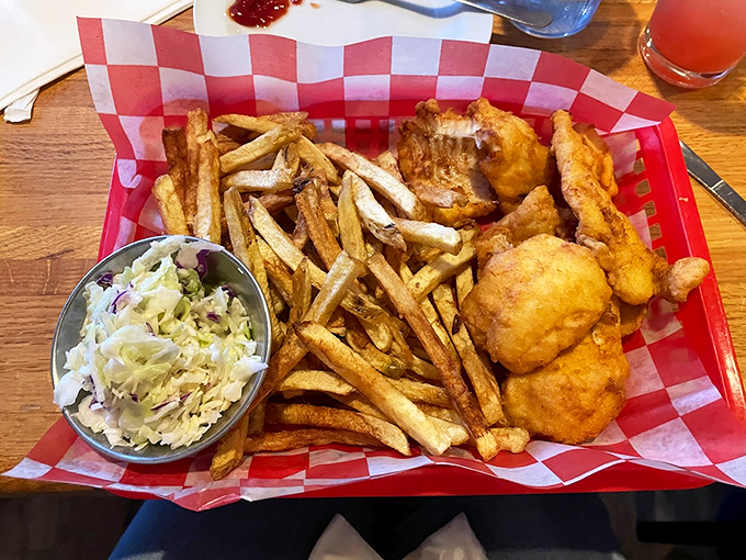 Crispy, golden fish that would make a New England fisherman proud, paired with perfectly crisp fries and tangy slaw.