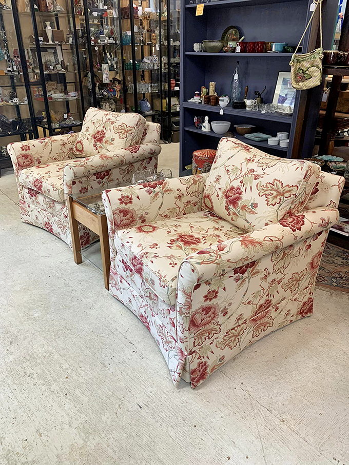 These floral armchairs look like they came straight from your grandmother's living room &ndash; complete with plastic covering memories