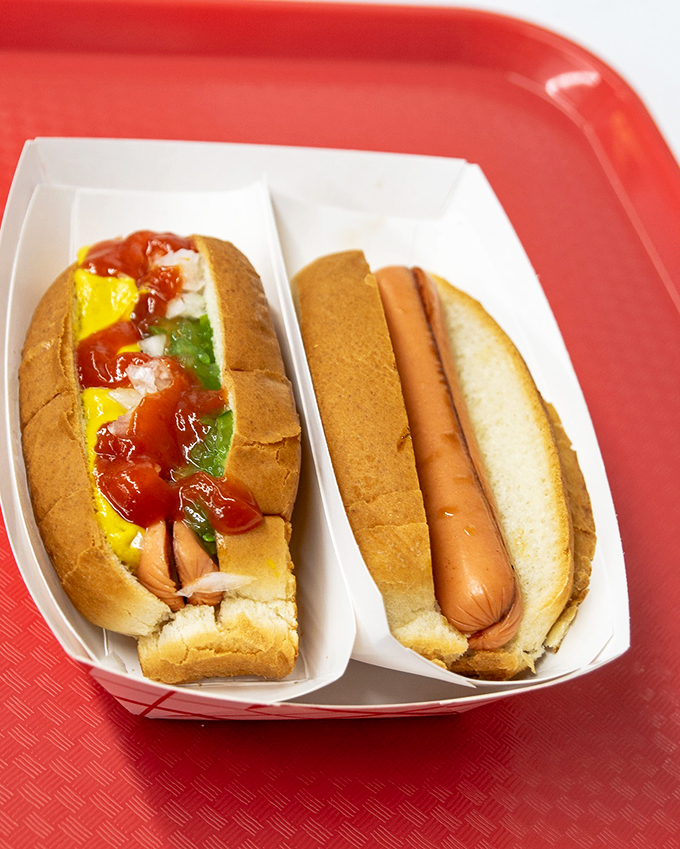 Two dogs living their best life - one classic, one dressed to impress with all the colorful fixings.